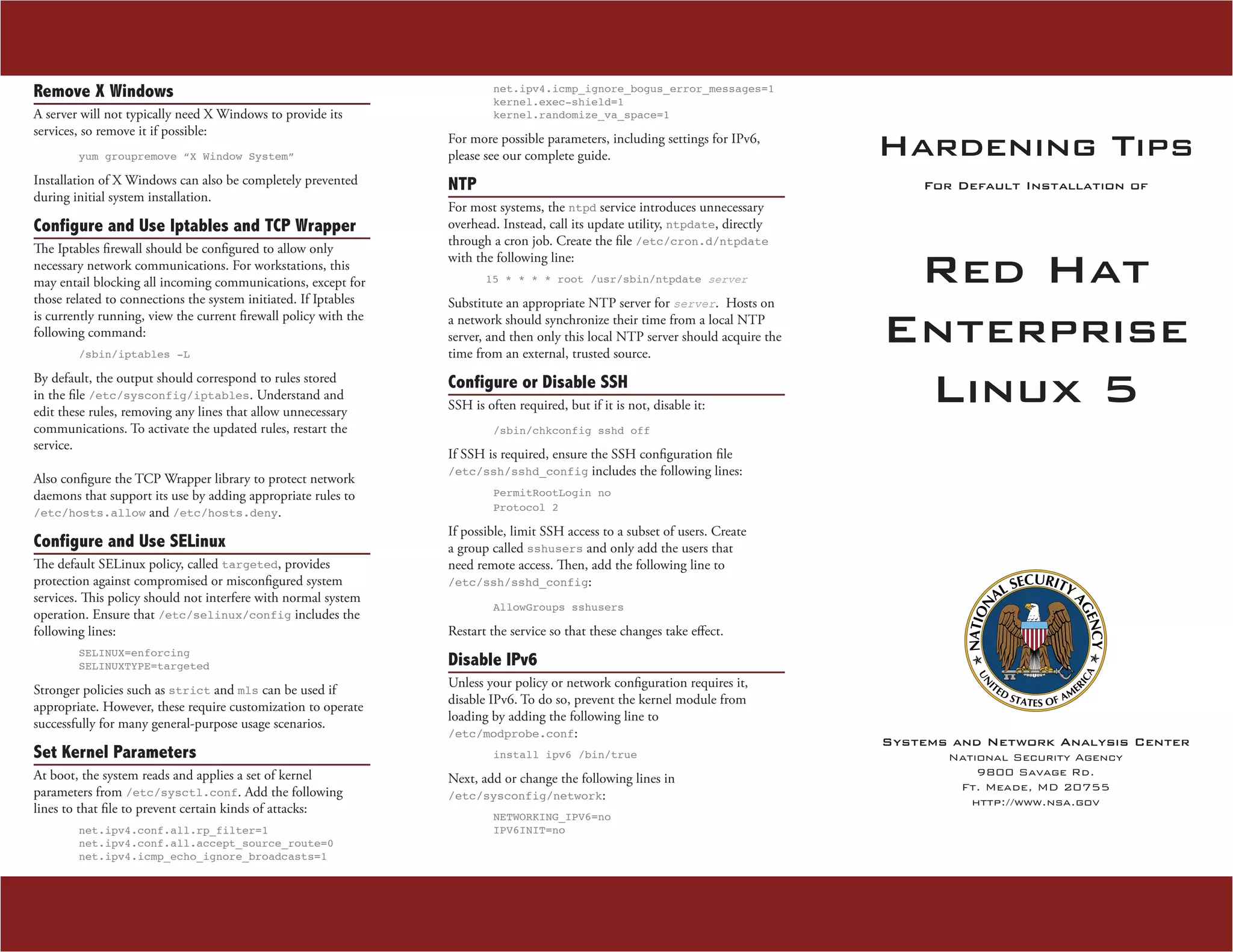 Red Hat Linux 5 Hardening Tips National Security Agency Pdf