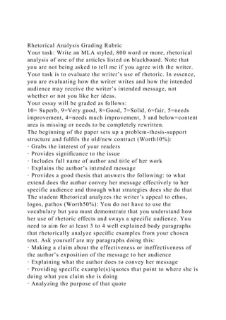 Rhetorical Analysis Grading RubricYour task Write an MLA styled.docx