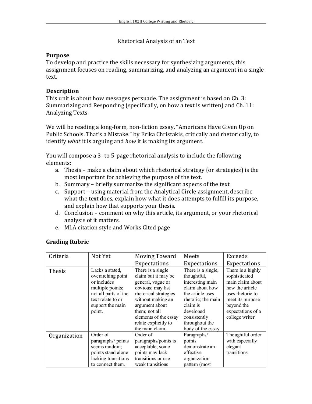 Eng 102H Rhetorical Analysis of a Text Assignment Sheet