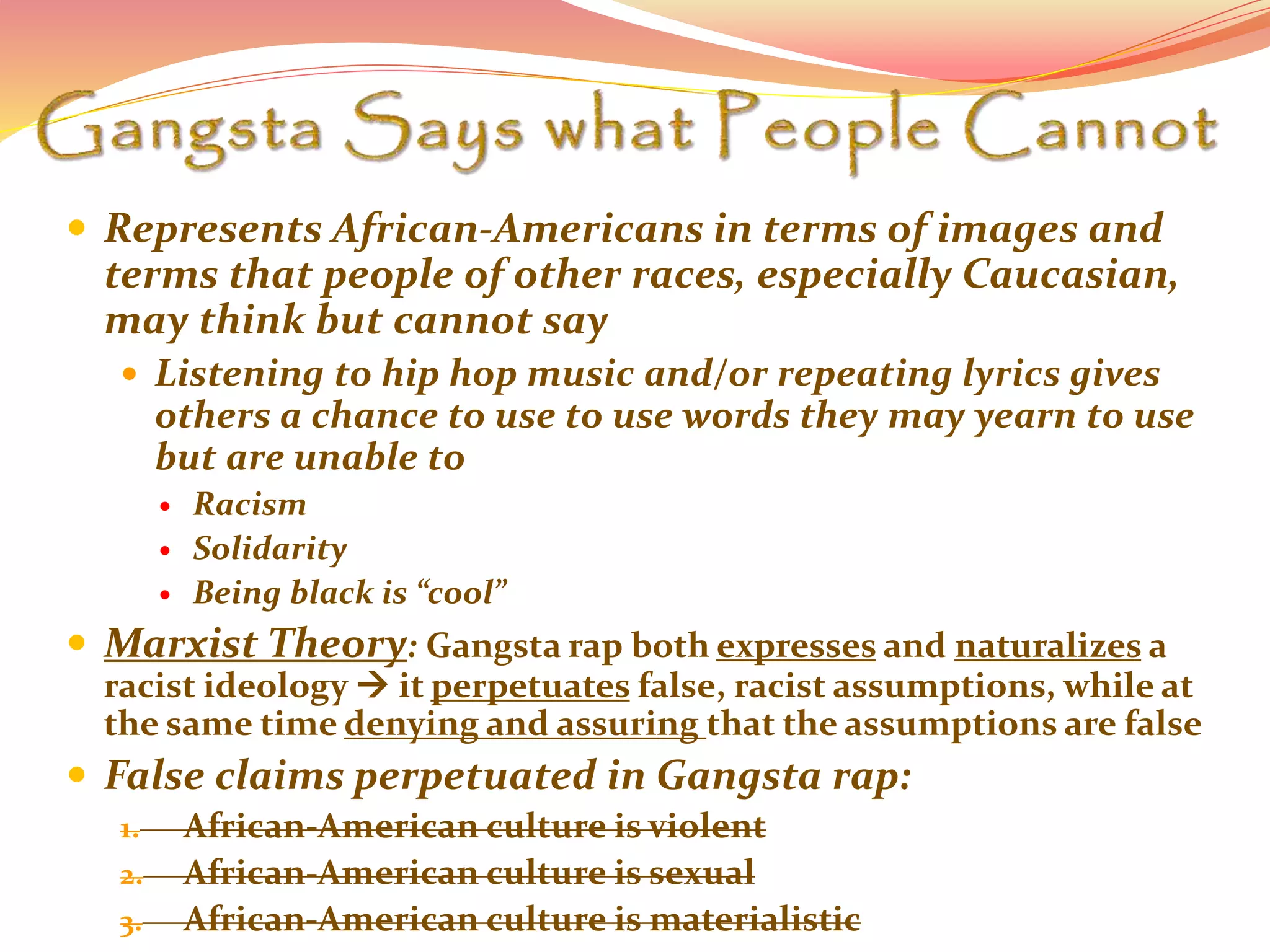 Rhetoric in Popular Culture: On Gangsta Rap | PPTX | Hip Hop Music | Music