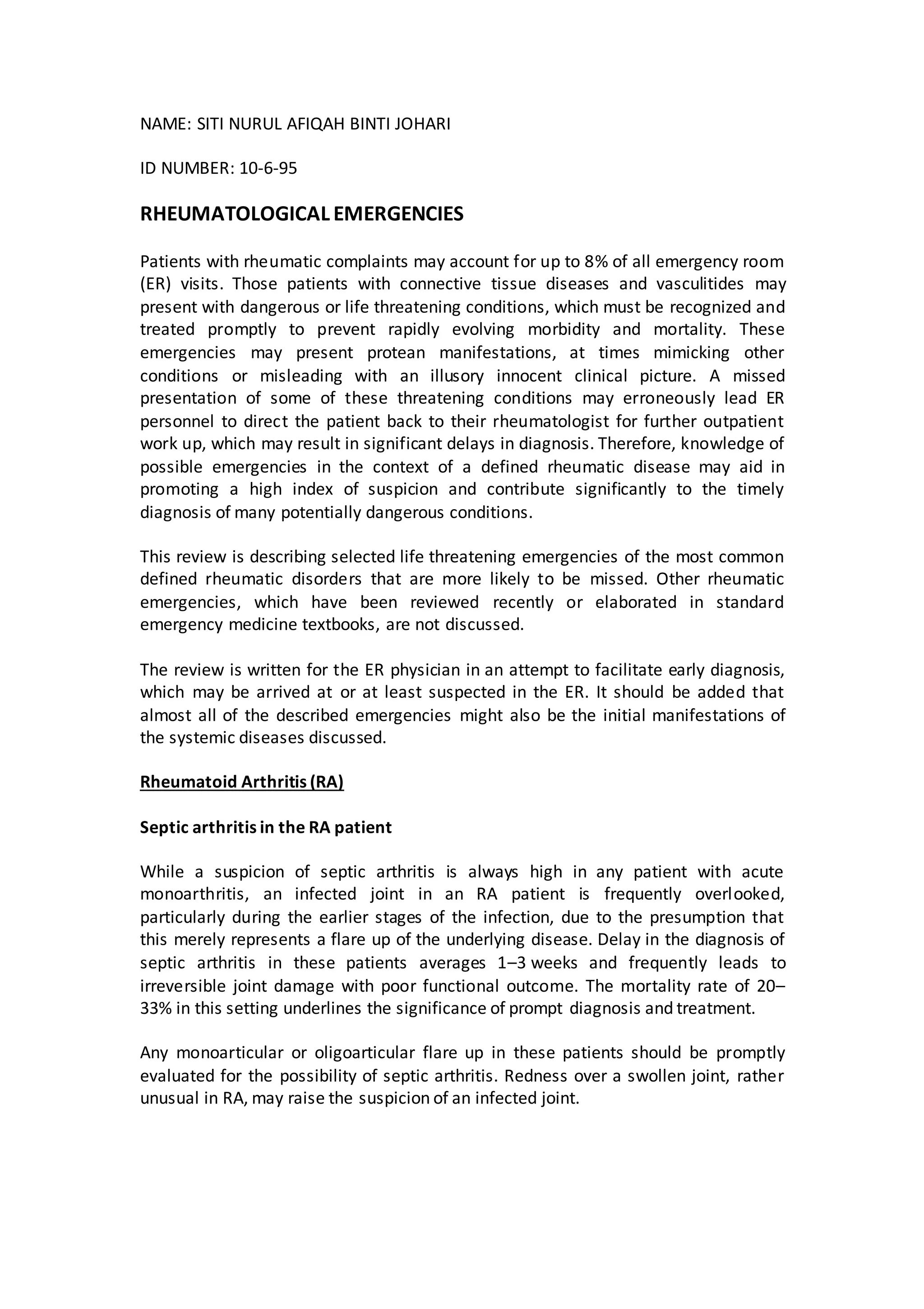 Rheumatological Emergencies | DOCX