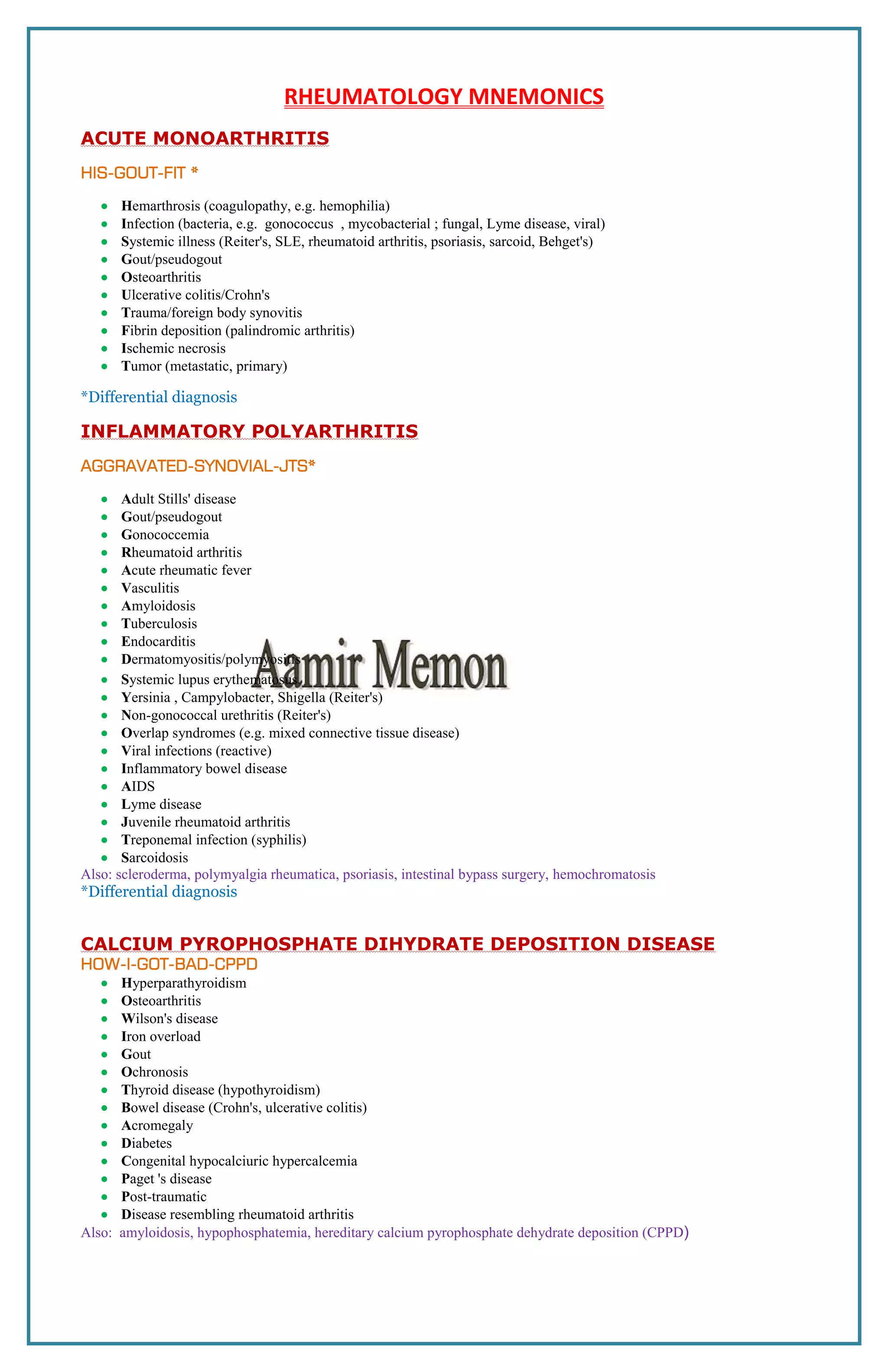 Rheumatology mnemonics | PDF