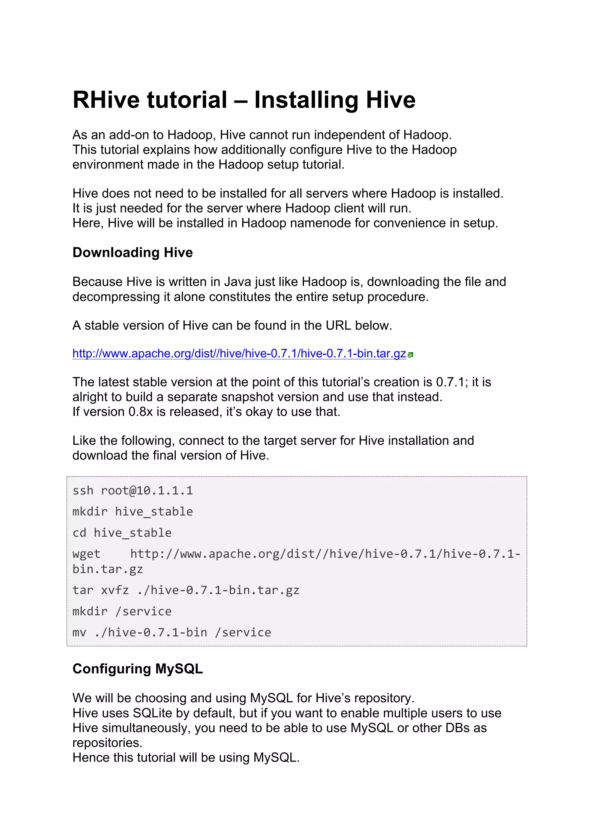 R hive tutorial supplement 2 - Installing Hive | PDF