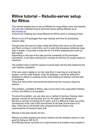 R hive tutorial supplement 3 - Rstudio-server setup for rhive | PDF