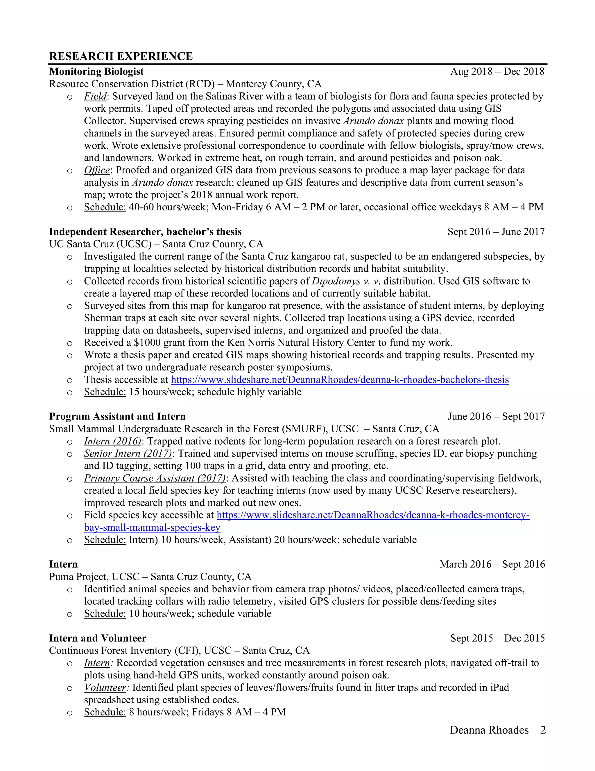 Wildlife ecologist resume (Deanna K. Rhoades) | PDF