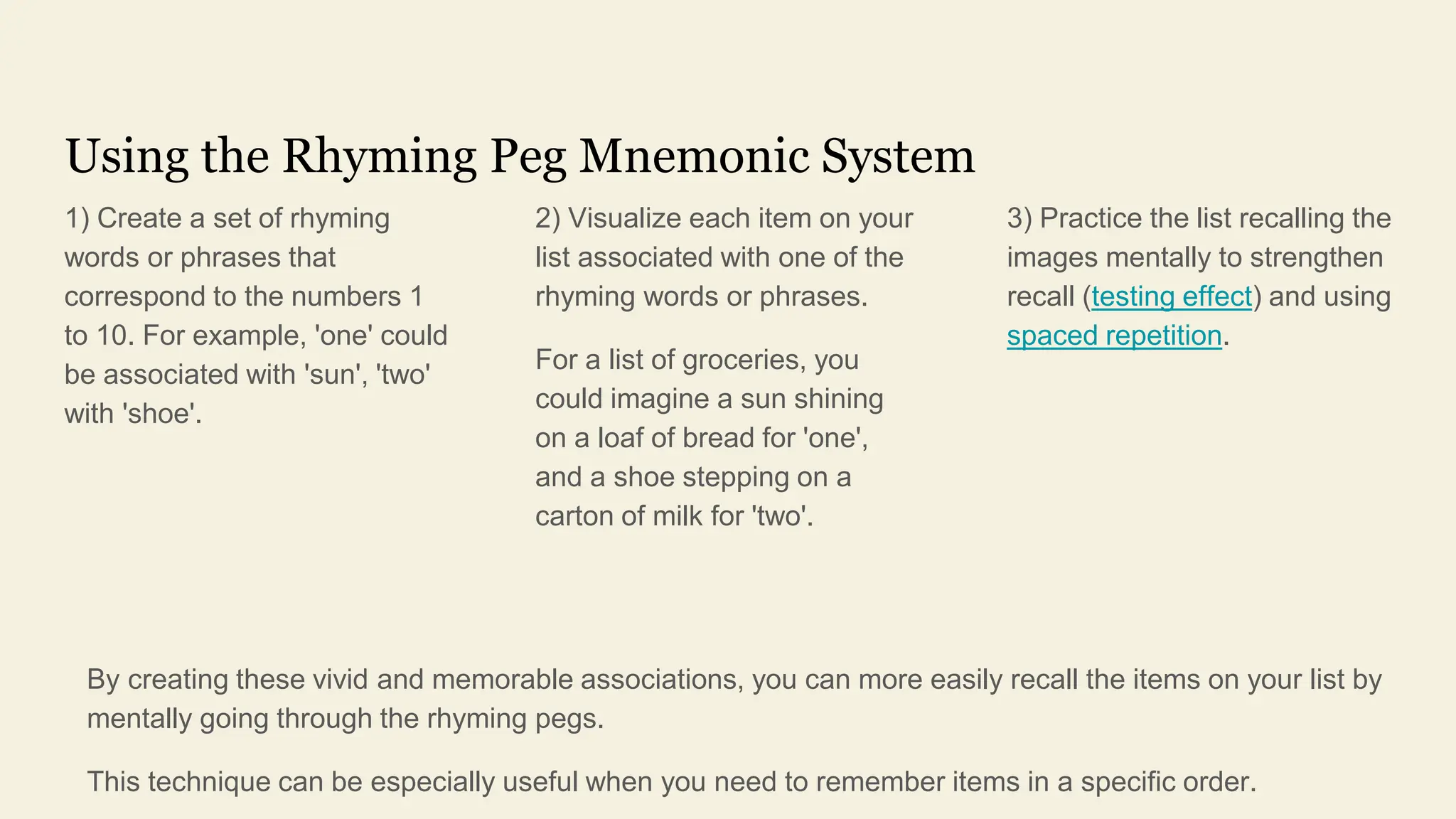 The Rhyming Peg Mnemonic System for Remembering Lists of Items | PPTX