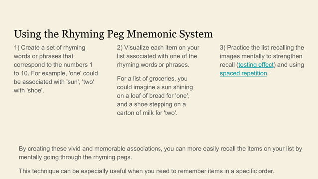The Rhyming Peg Mnemonic System for Remembering Lists of Items | PPT