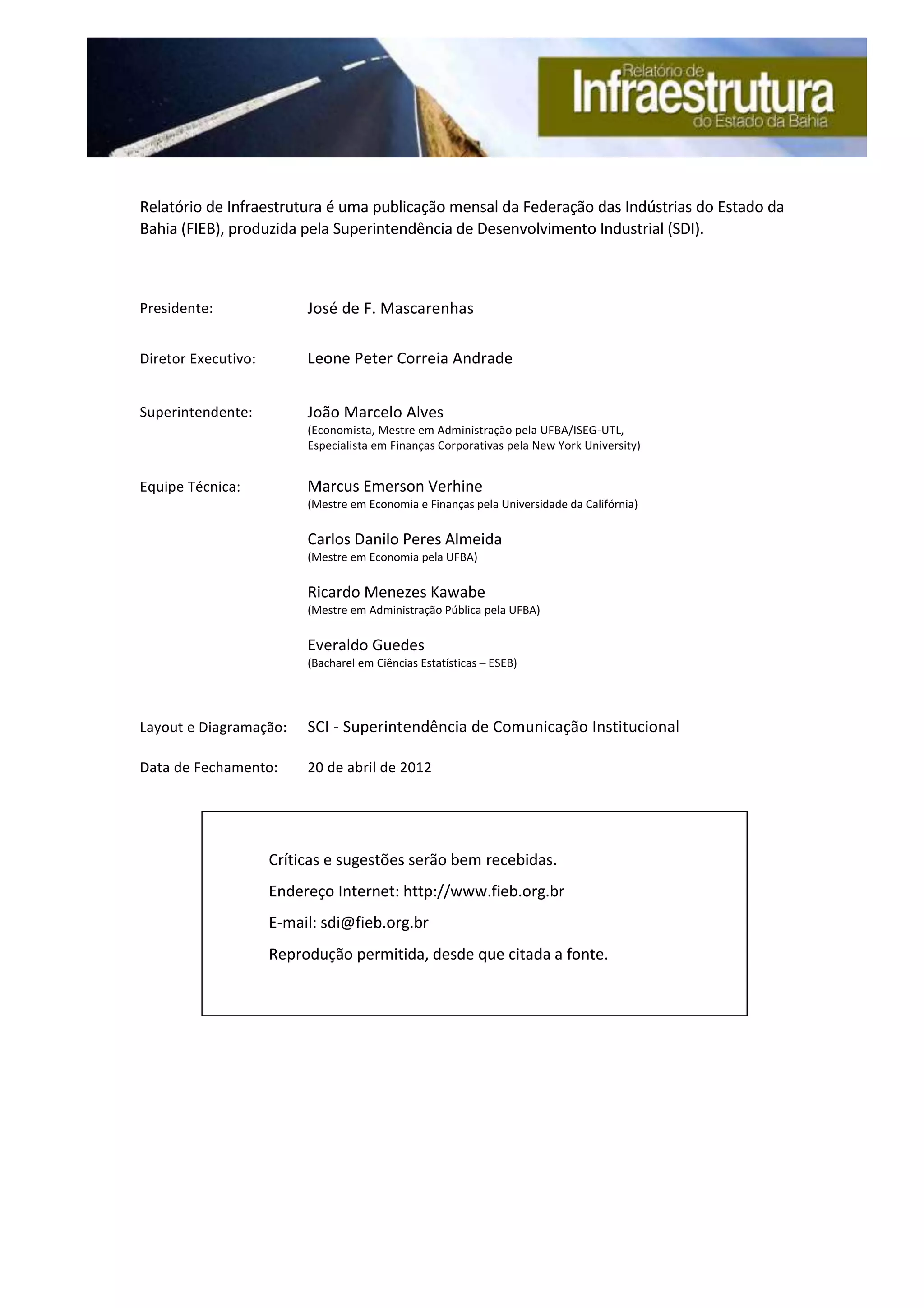 Relatório de Infraestrutura do Estado da Bahia - Abril 2012 | PDF