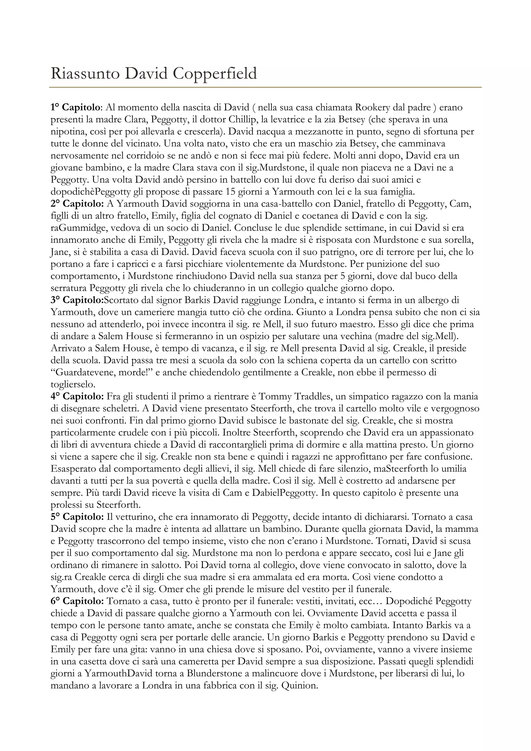 Riassunto david copperfield per capitoli | DOCX