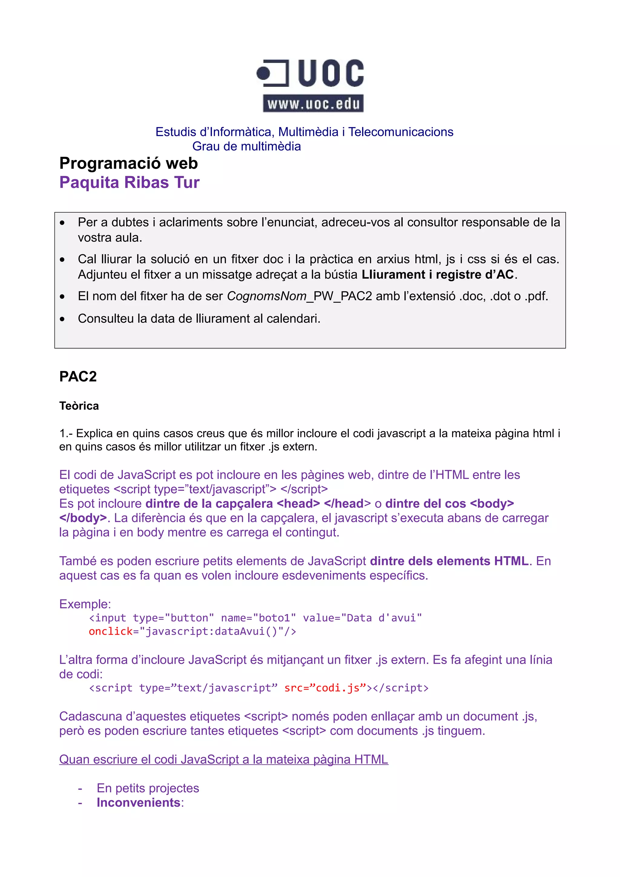Programació Web - PAC 2 - Multimedia (UOC) - Paquita Ribas | DOC
