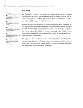 Using the Analytic Hierarchy Process (AHP) to Select and Prioritize Projects in a Portfolio | PDF