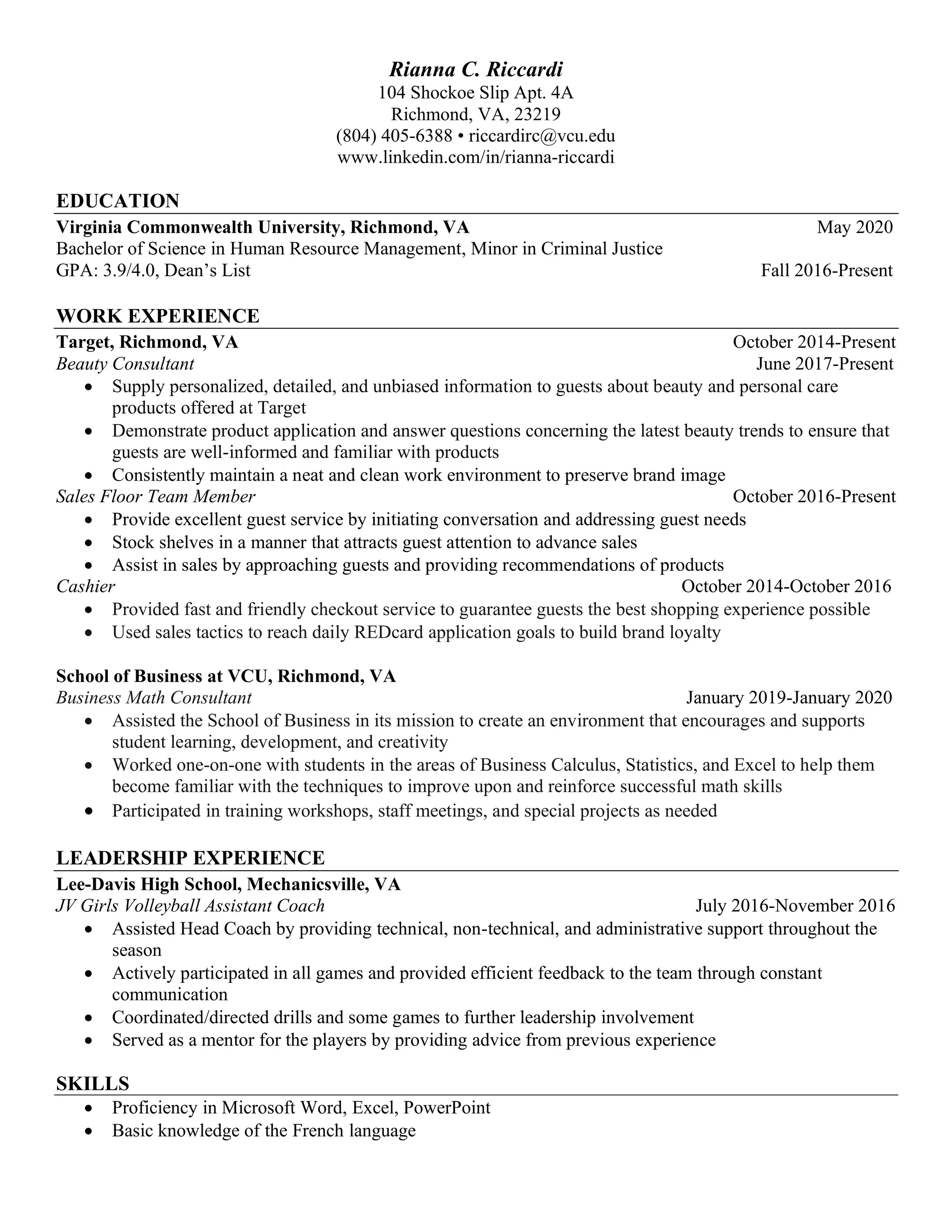 Riccardi, Rianna Resume | PDF