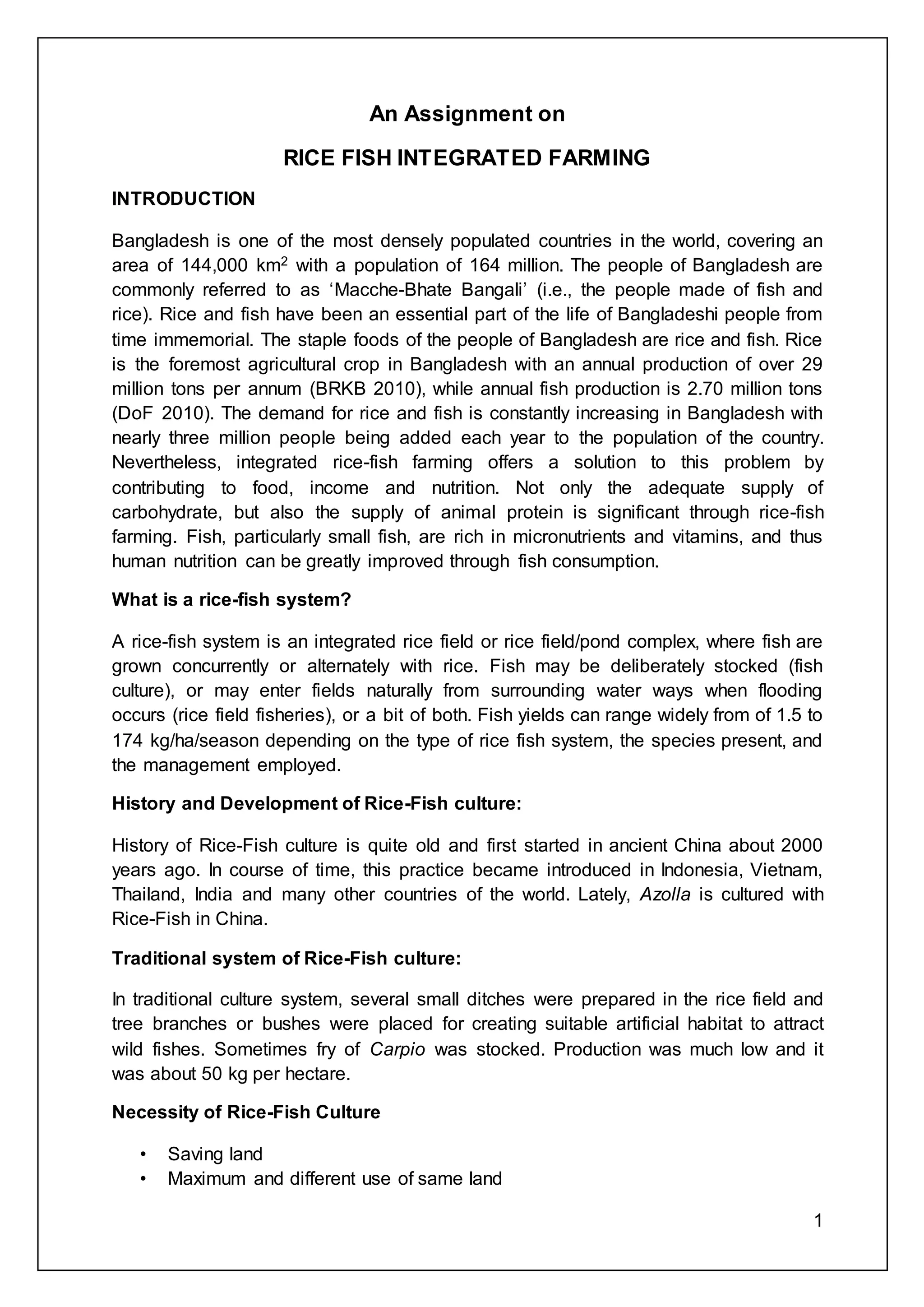 Rice fish integrated farming | DOCX