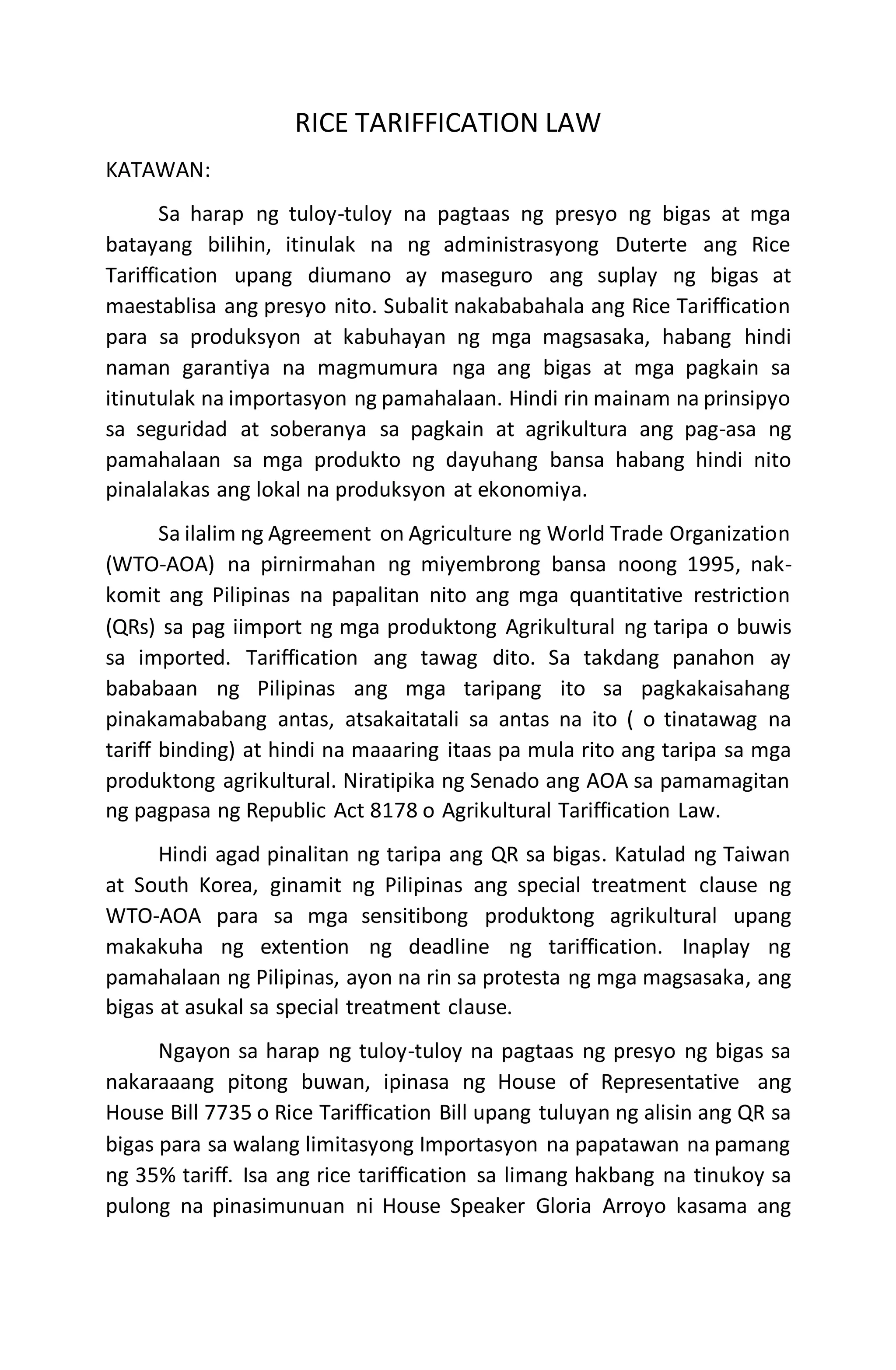 Rice tariffication law | DOCX