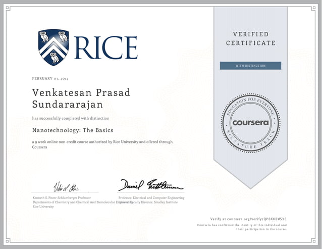 Rice Univ - Nanotechnology the basics certificate 2014 VPS | PDF