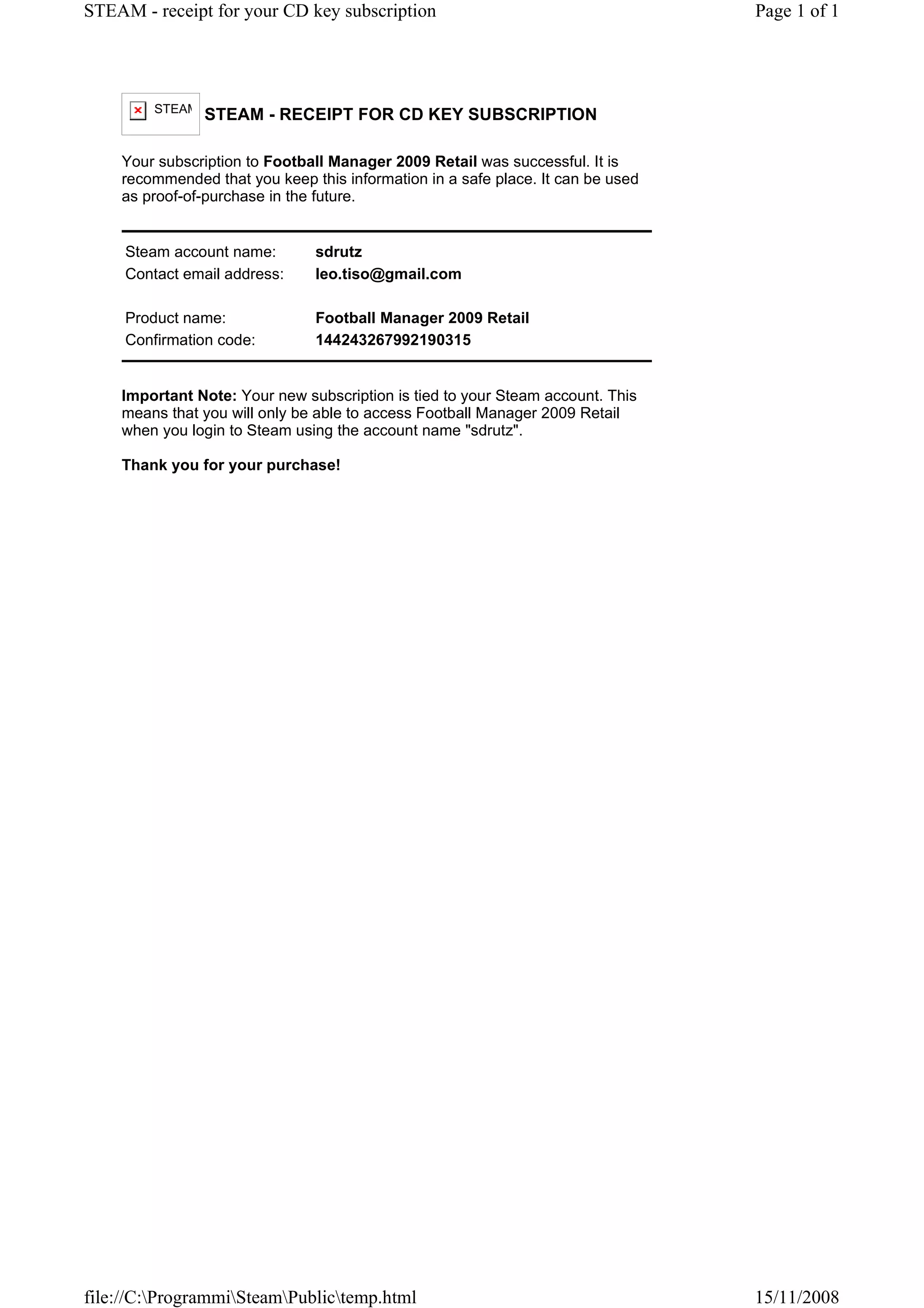 Ricevuta fm2009 | PDF | Technology & Computing