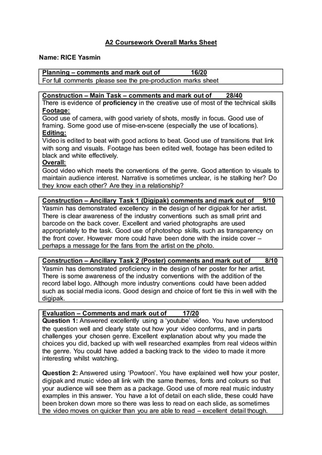 Rice yasmin evaluation and overall feedback sheet | PDF