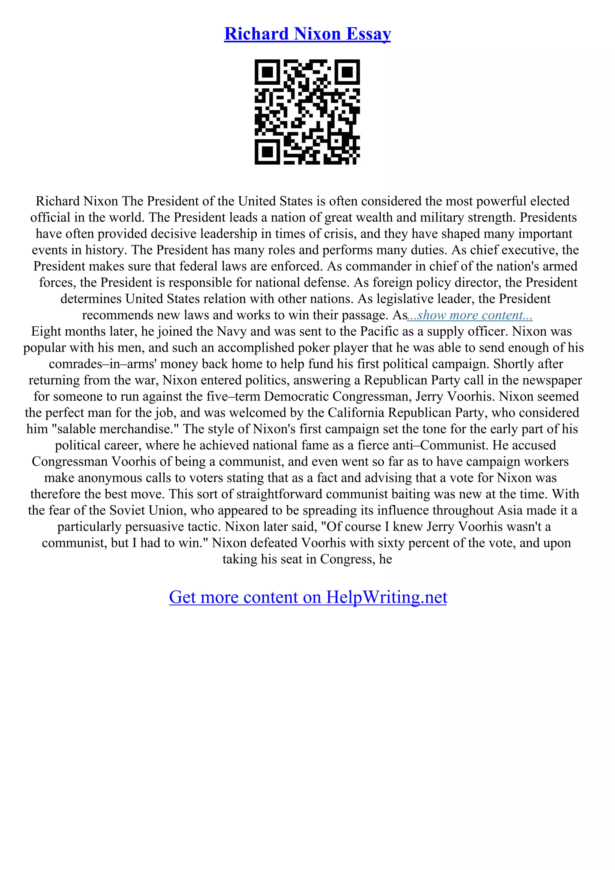 Richard Nixon Essay | PDF