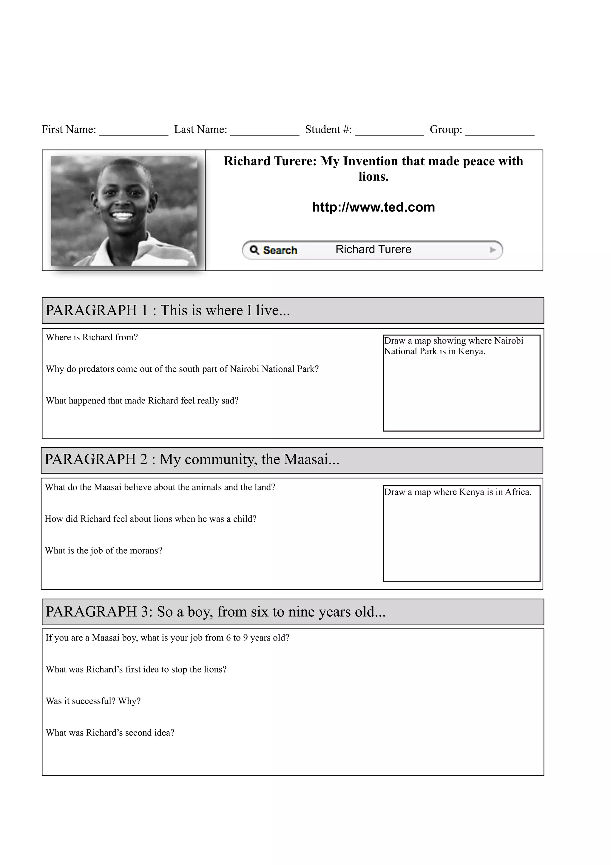 Richard turere peace with lions worksheet | PDF