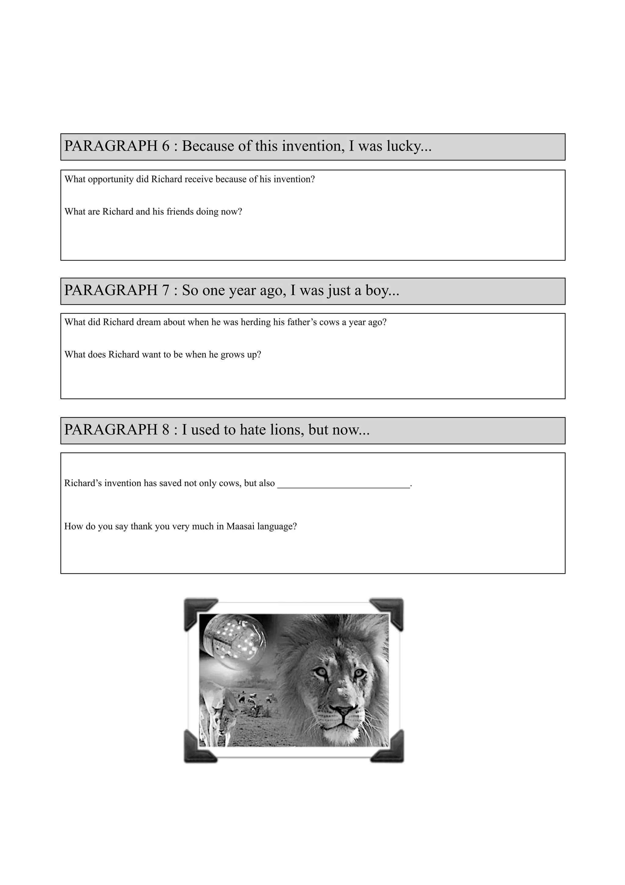 Richard turere peace with lions worksheet | PDF
