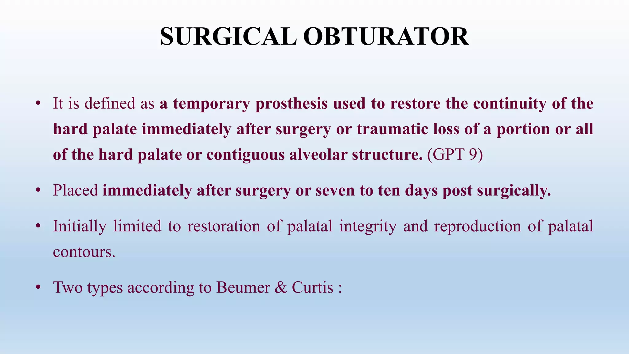 OBTURATORS FOR ACQUIRED MAXILLARY DEFECTS | PPTX
