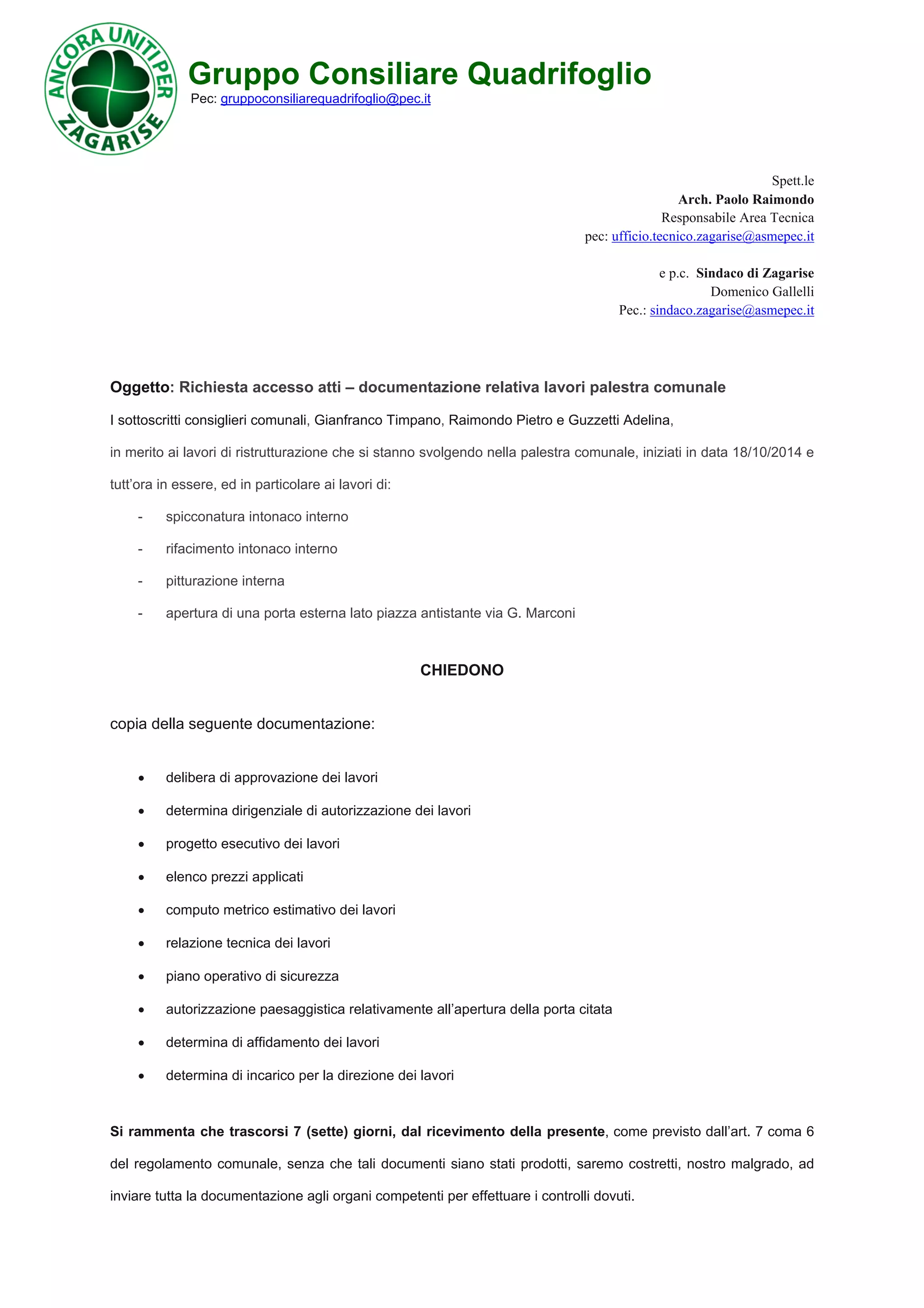 Richiesta documenti lavori palestra | PDF