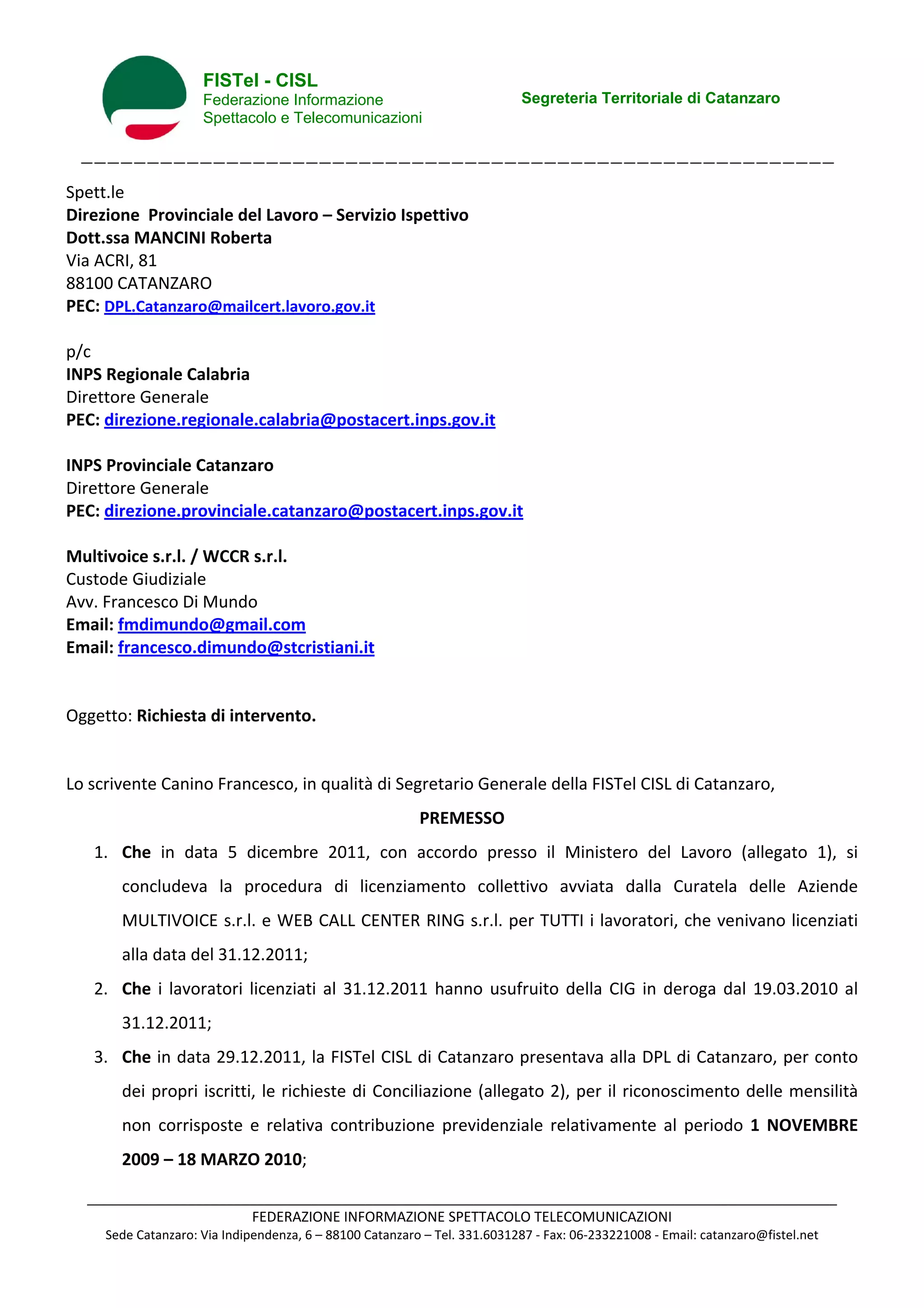 Richiesta intervento ispettorato del lavoro vs phonemedia | PDF
