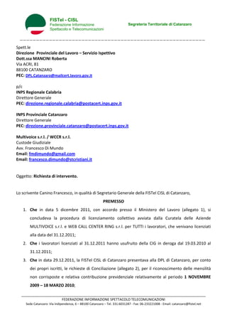 Richiesta intervento ispettorato del lavoro vs phonemedia | PDF | Government Support and Welfare ...