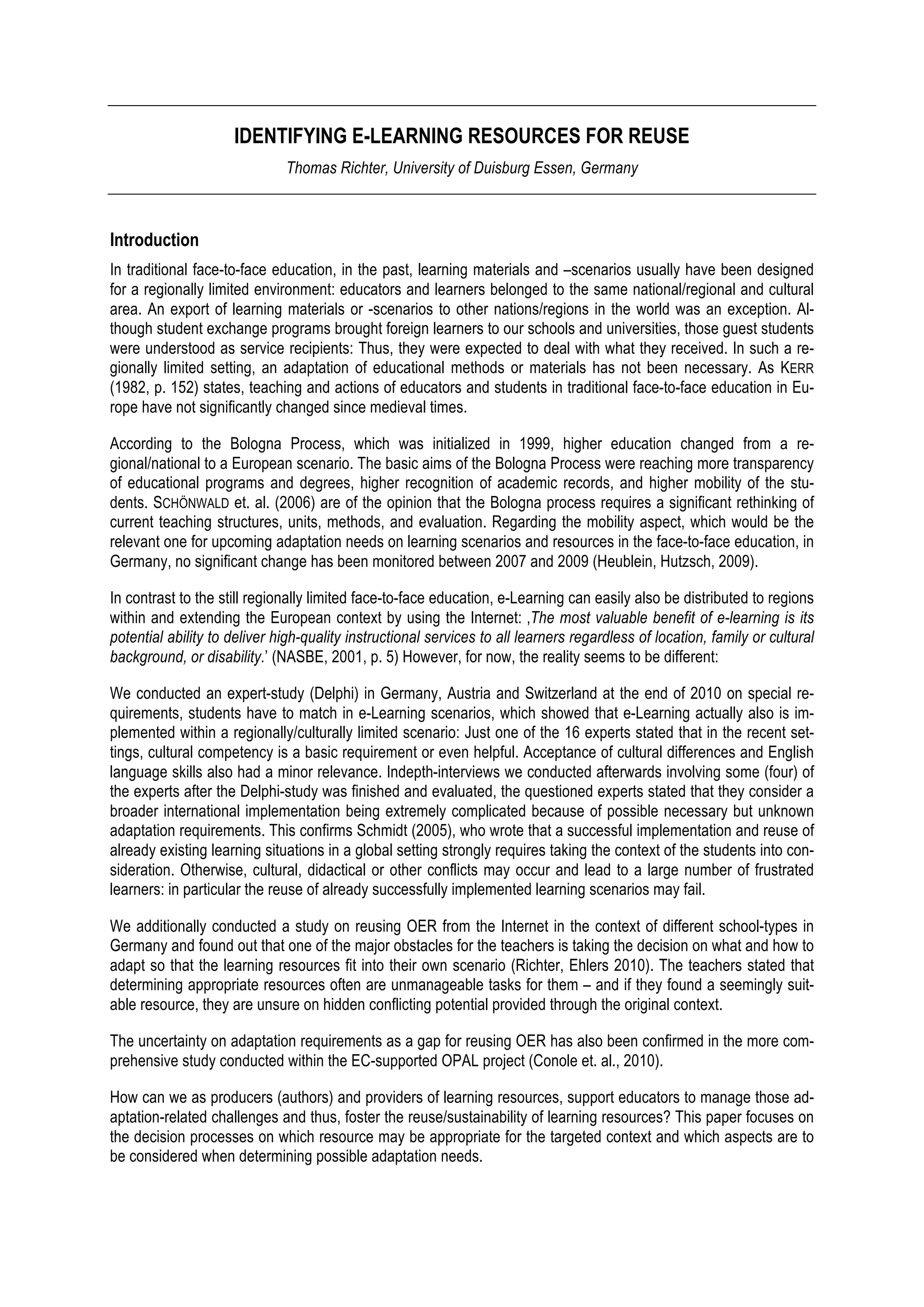 Identifying E-Learning Resources for Reuse (Richter 2011) | PDF