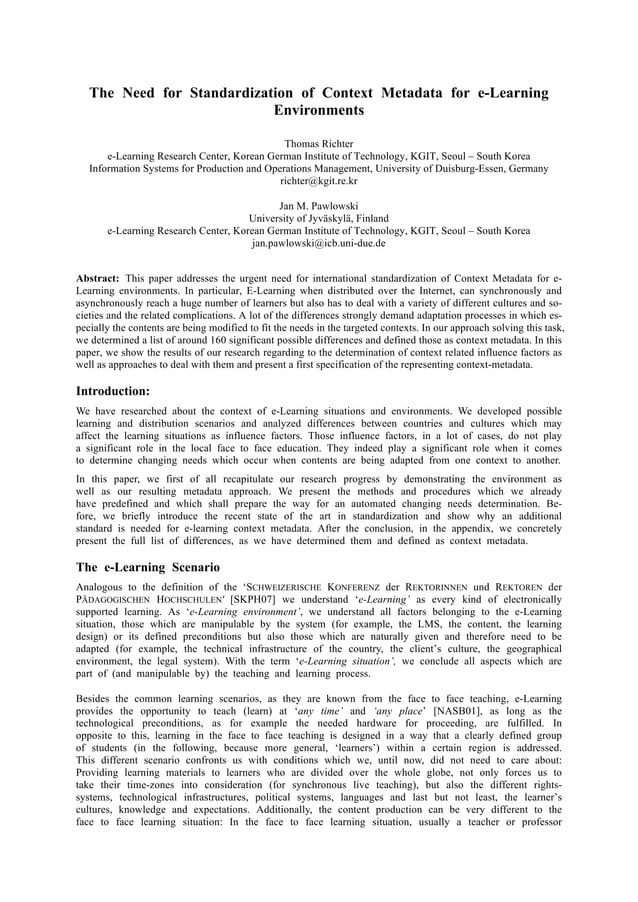 The Need for Standardization of Context Metadata for e-Learning Environments (Richter, Pawlowski ...