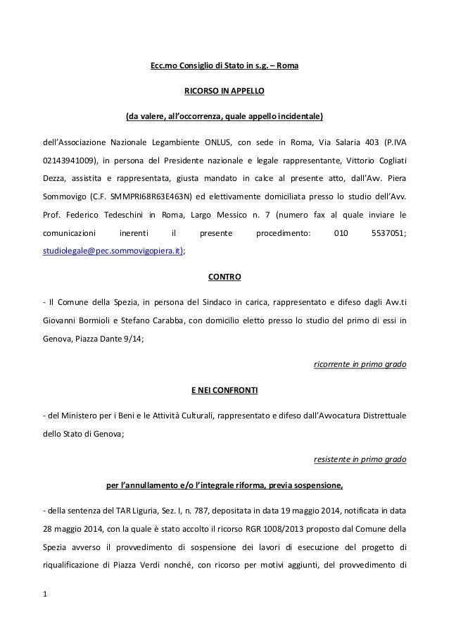 Ricorsopiazzaverdi appello legambiente al consiglio di stato