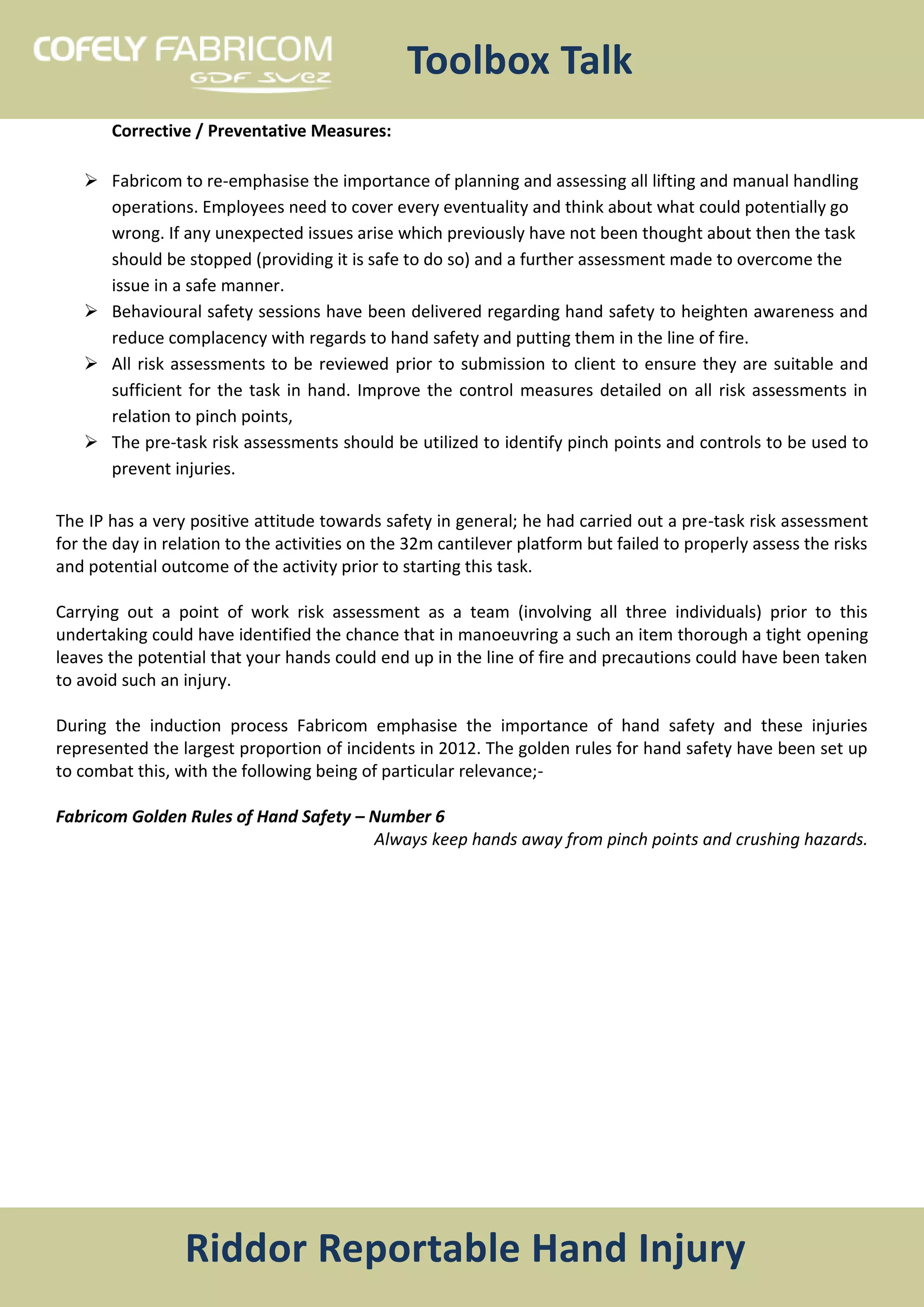 Riddor reportable hand injury | PDF