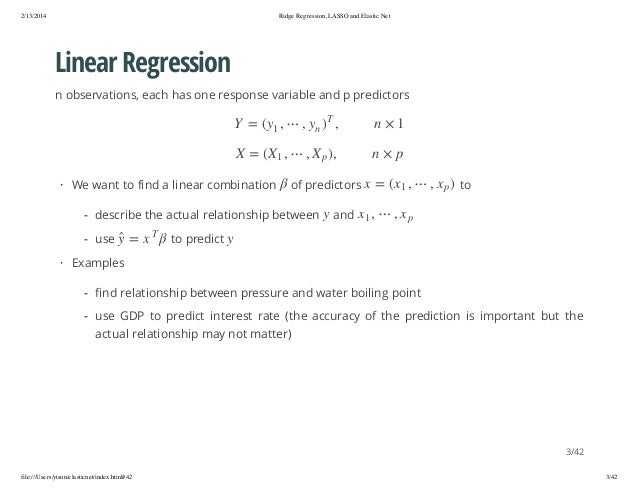 Ridge regression, lasso and elastic net Ridge regression, lasso and elastic net