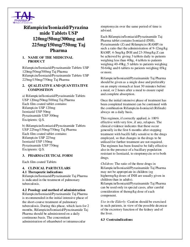 Rifampicin/Isoniazid/Pyrazinamide Tablets USP Taj Pharma SmPC