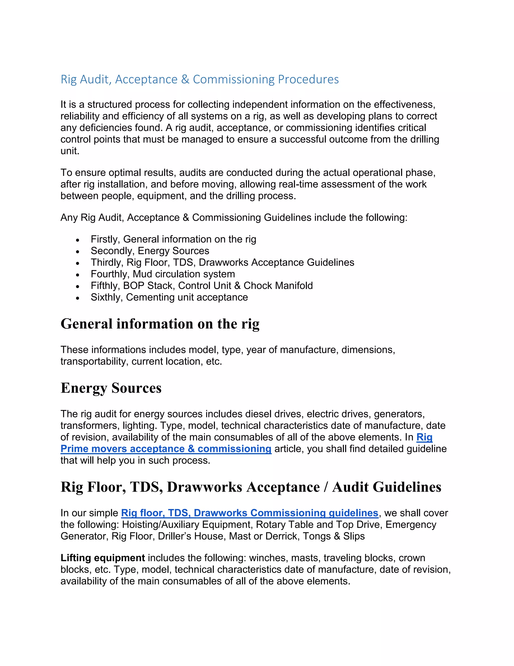 Rig audit, acceptance & commissioning procedures | PDF