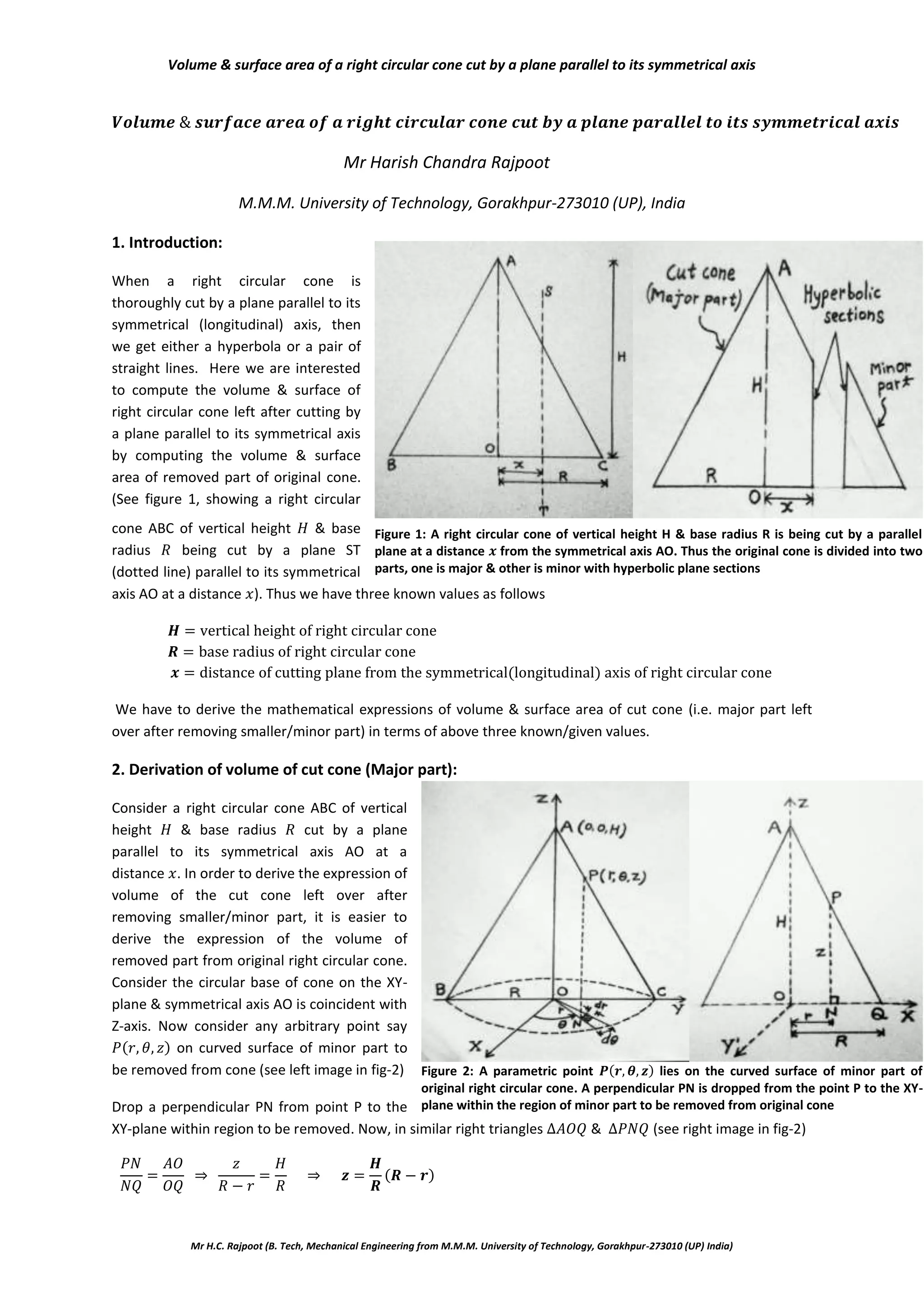 Volume & surface area of right circular cone cut by a plane parallel to ...