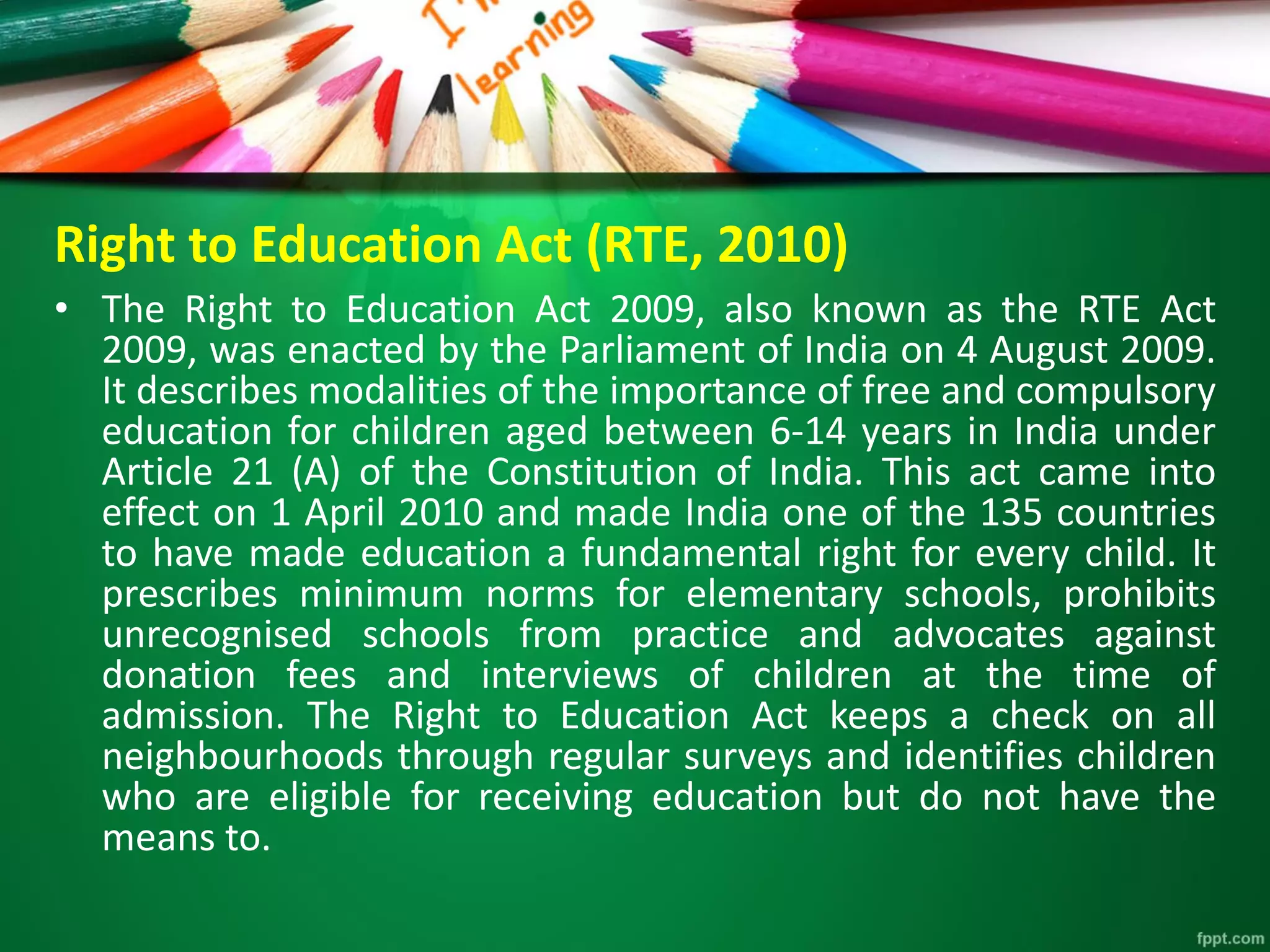 Right to education act 2010 & Education in the Concurrent list and its implications | PDF