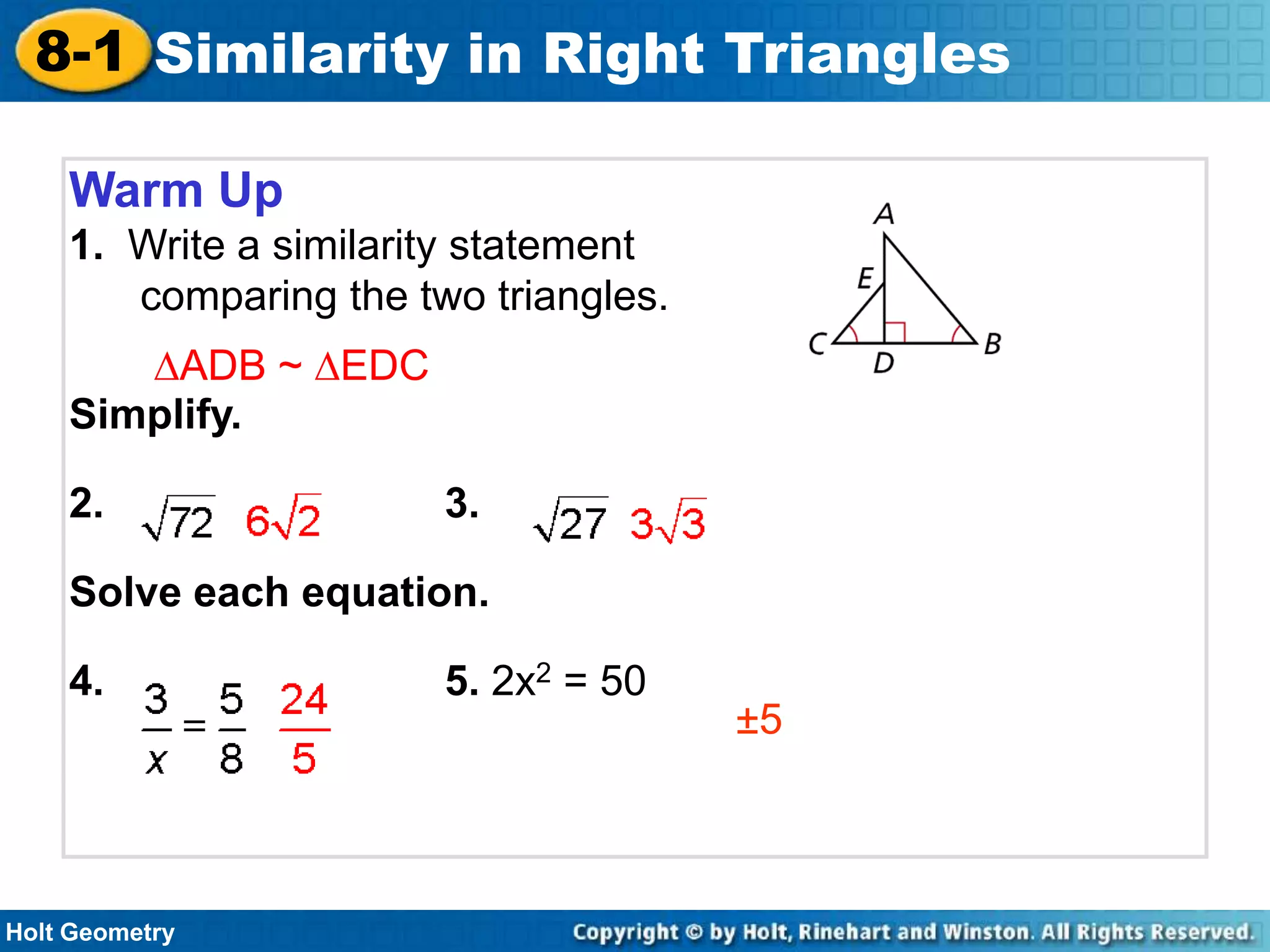 Right triangle similarity | PPT