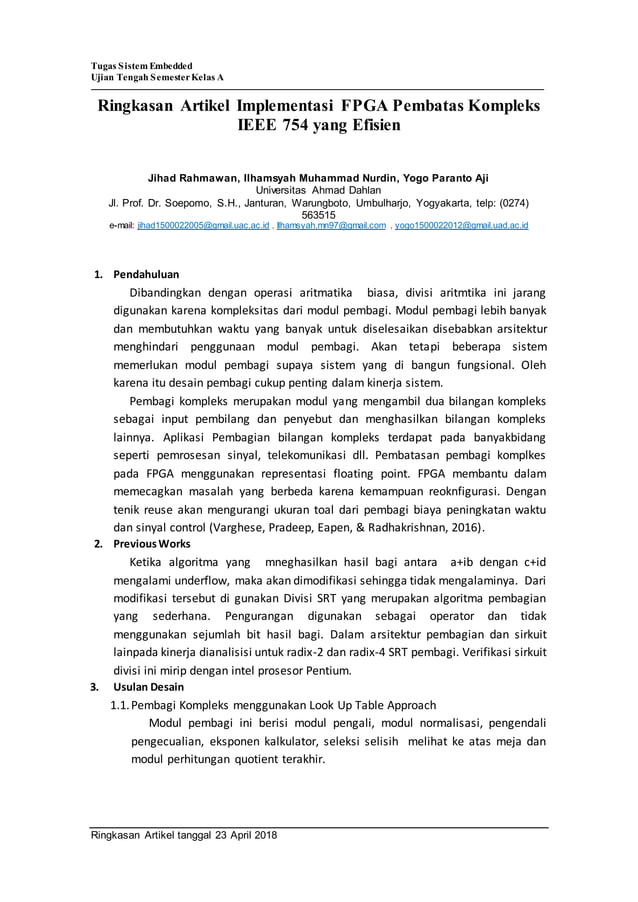 Implementasi FPGA Pembatas Kompleks IEEE 754 yang Efisien | PDF