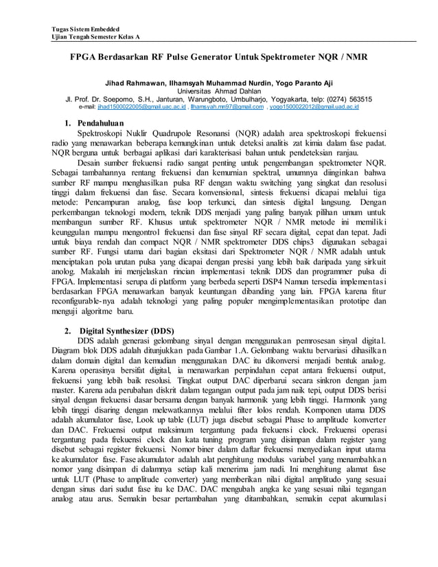 FPGA Berdasarkan RF Pulse Generator Untuk Spektrometer NQR / NMR | DOCX