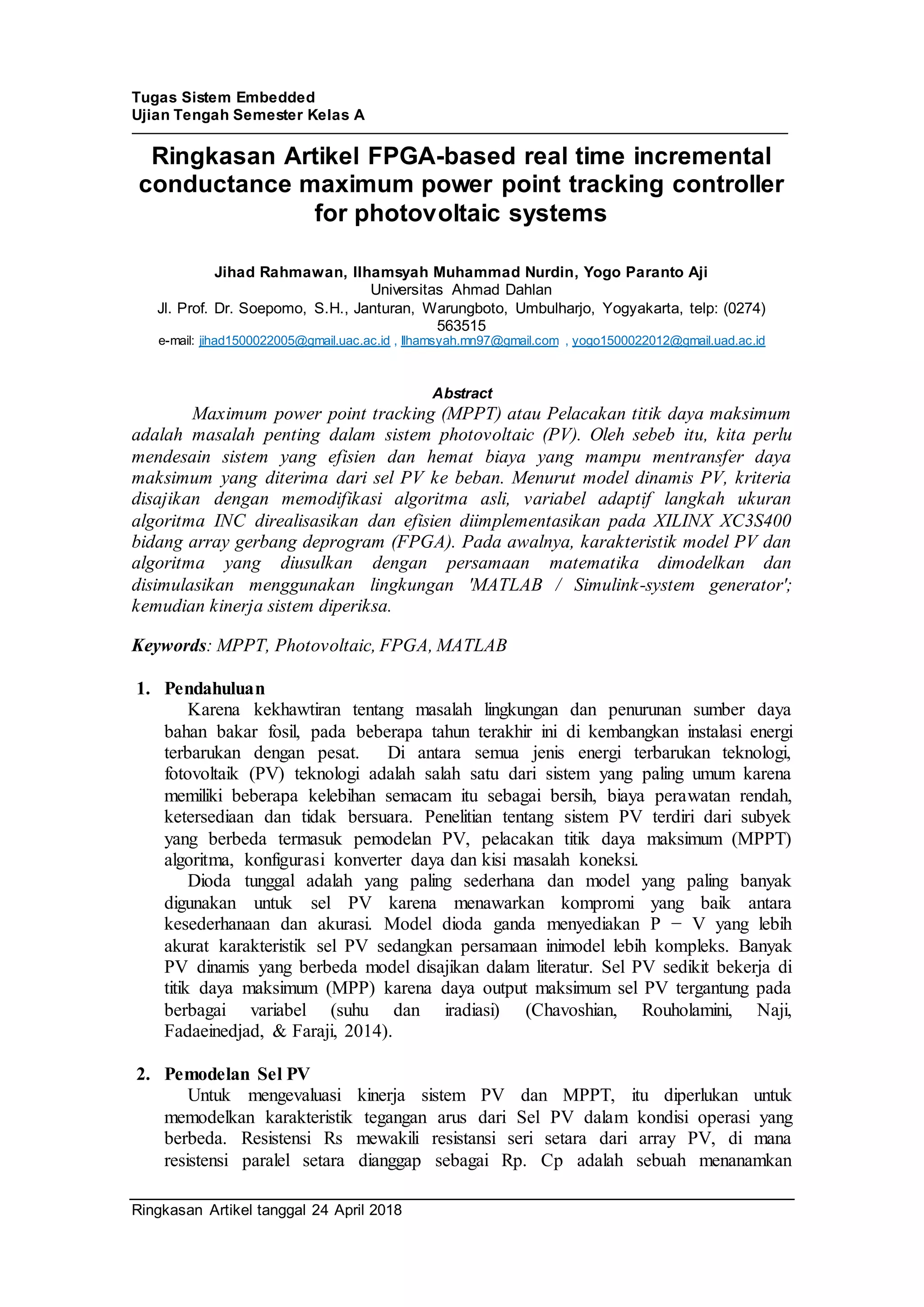 FPGA-based real time incremental conductance maximum power point tracking controller for ...