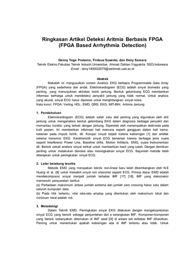 Ringkasan artikel deteksi aritmia berbasis fpga (fpga based arrhythmia detection) | PDF