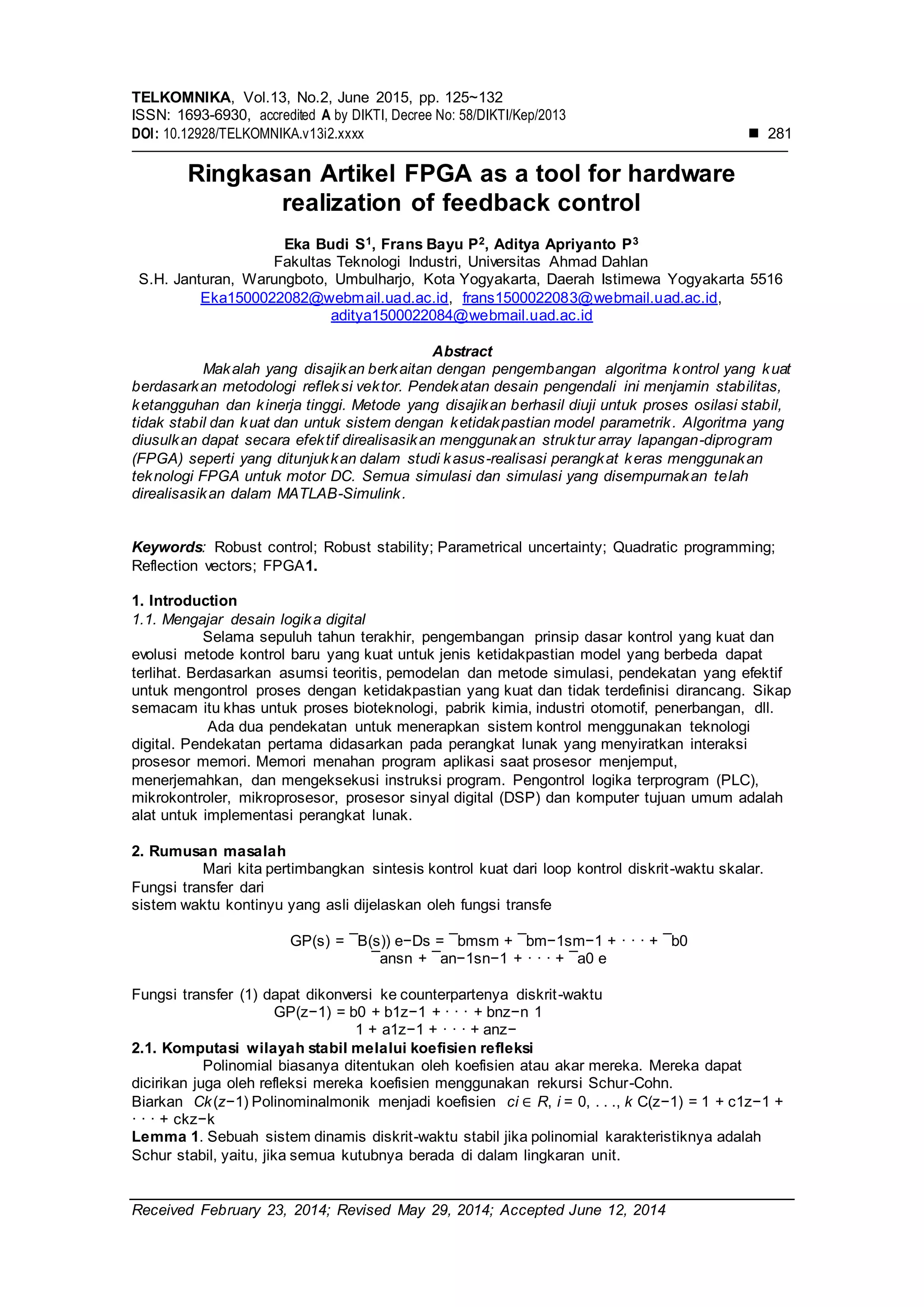 Ringkasan Artikel Fpga As A Tool For Hardware Realization Of Feedback Control Pdf