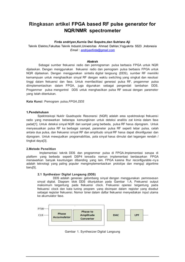Ringkasan artikel fpga based rf pulse generator for nqr | PDF