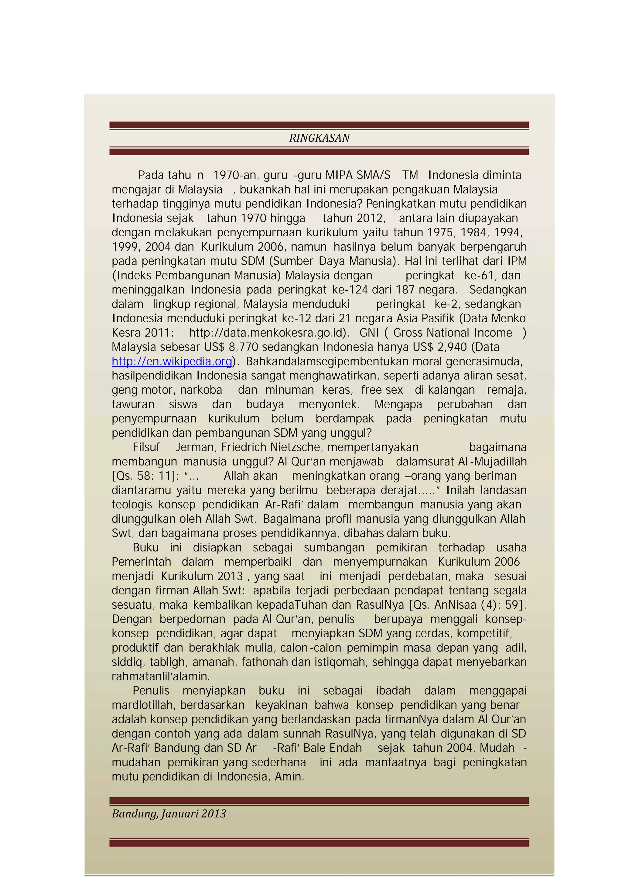 Ringkasan buku Pola Pendidikan Ar Rafi | PDF