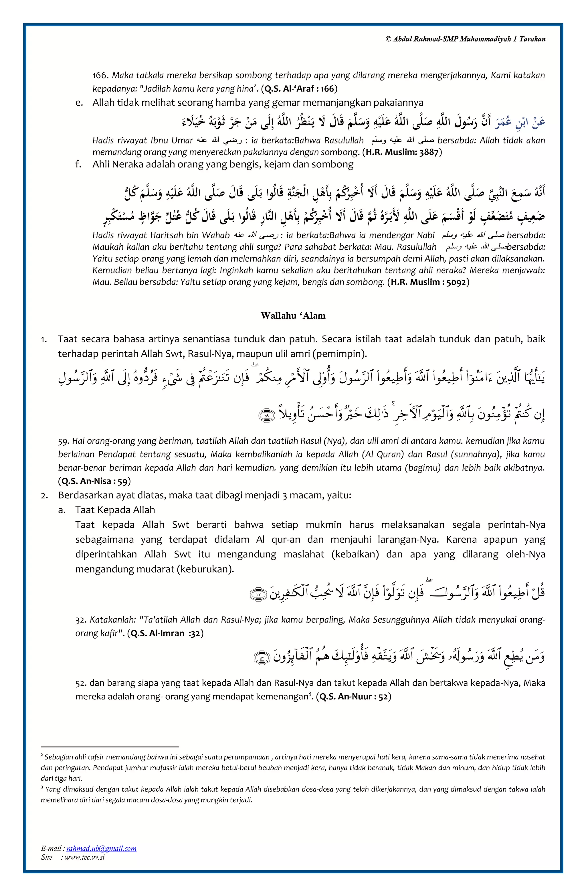 Ringkasan Materi PAI kelas 7 Bab 4 Tawadhu, Taat, Qanaah dan Sabar | PDF
