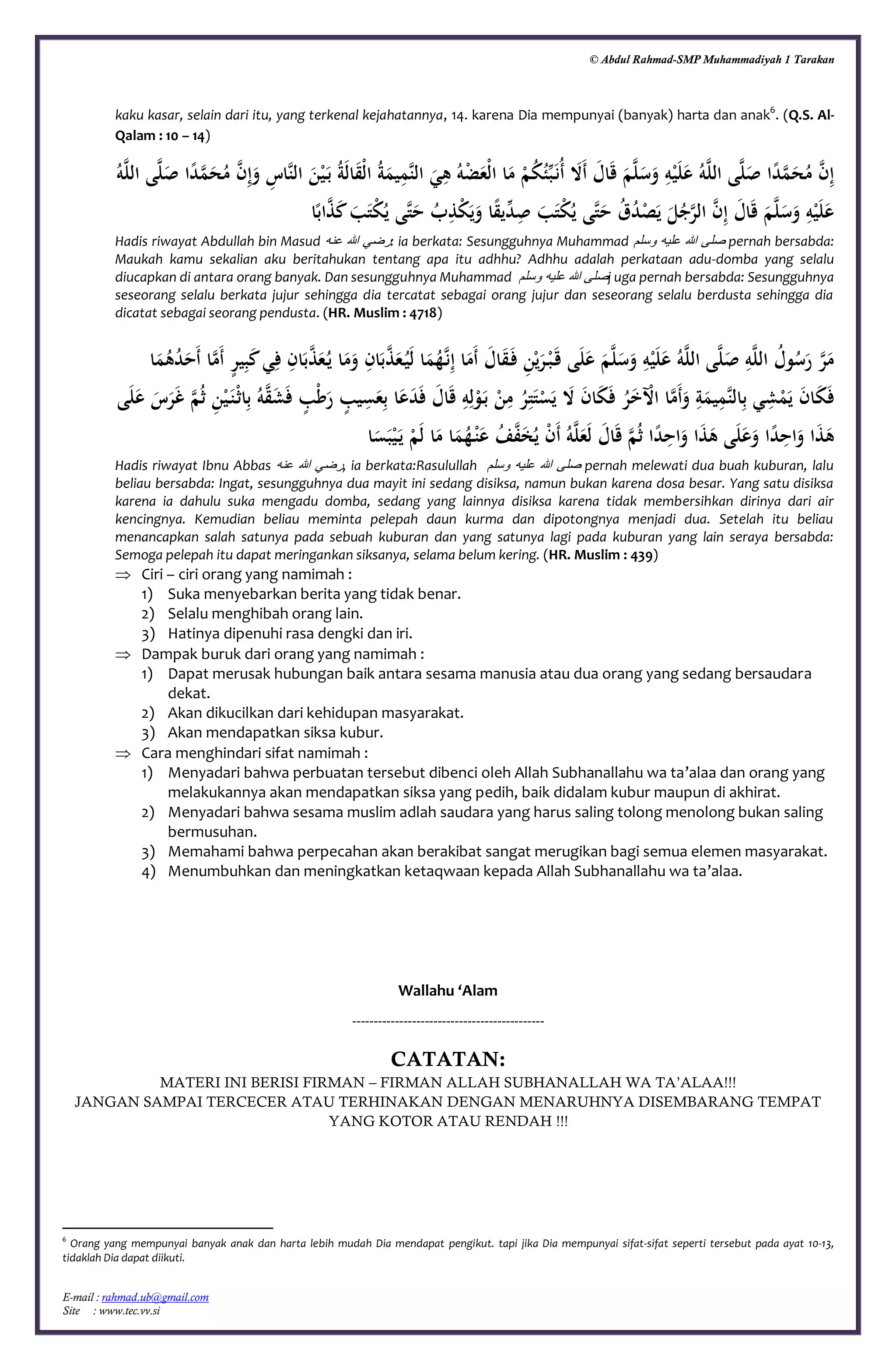 Ringkasan Materi PAI Kelas 8 Bab 4 Akhlak Mazmumah | PDF