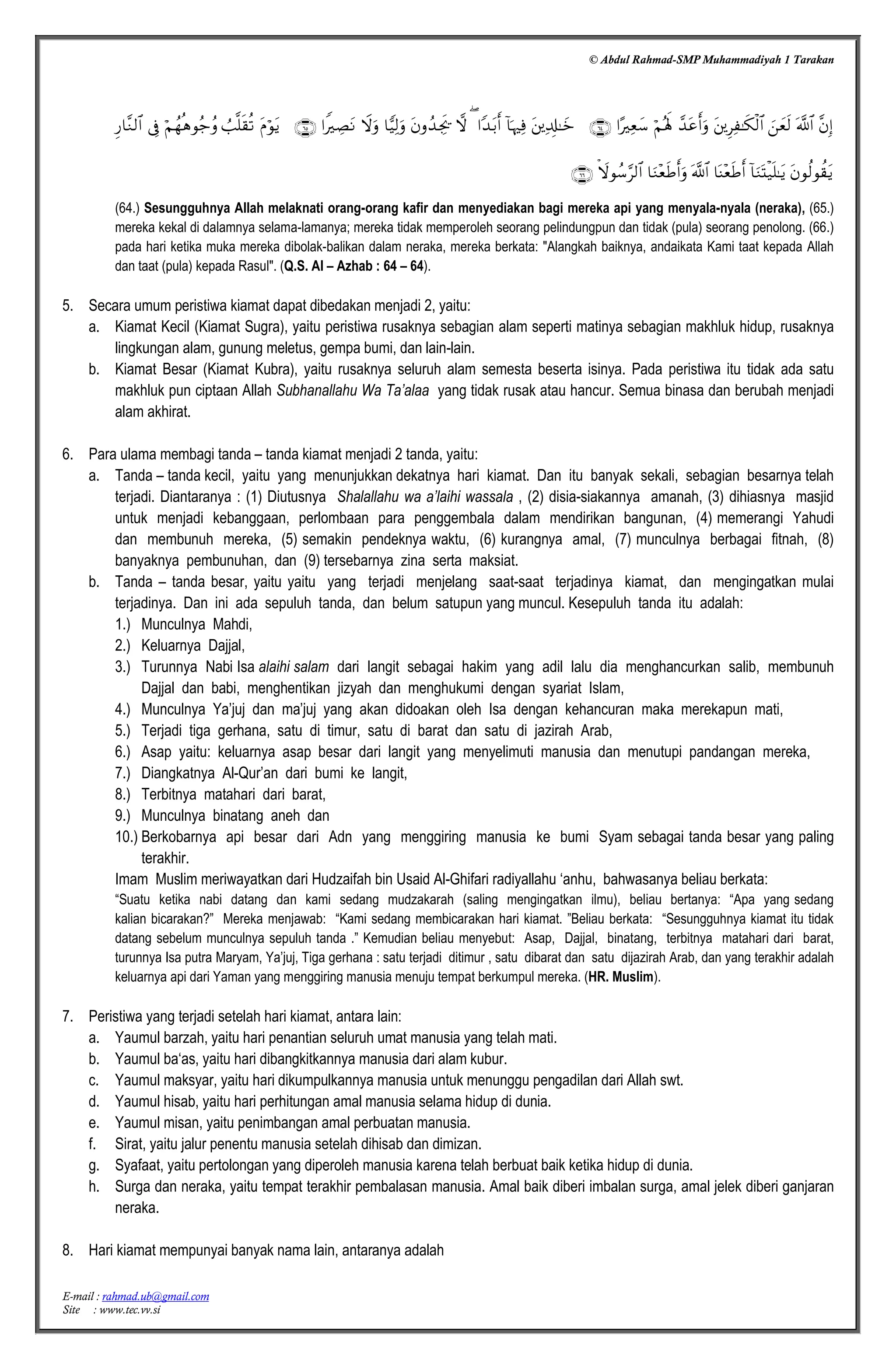 Ringkasan materi pai kelas 9 bab 3 iman kepada hari akhir | PDF