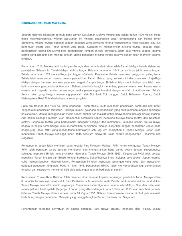 Ringkasan sejarah malaysia | PDF