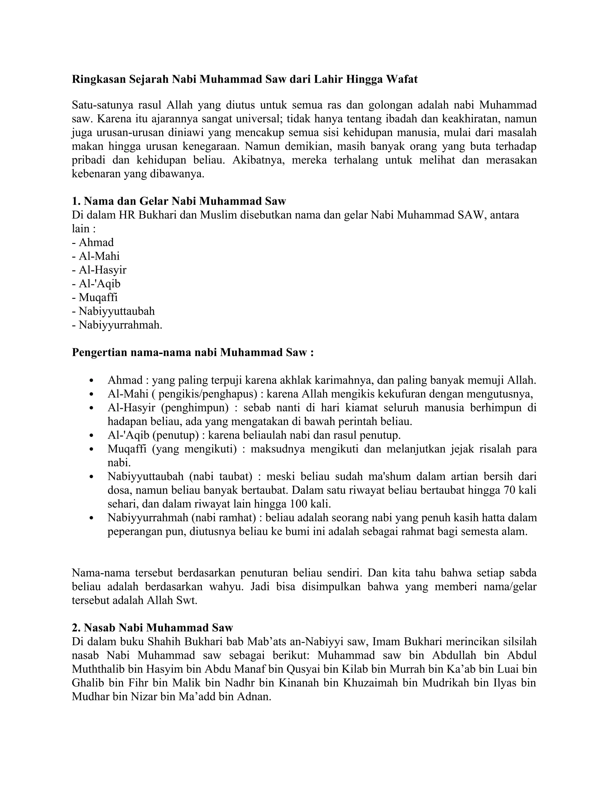 Ringkasan Sejarah Nabi Muhammad Saw dari Lahir Hingga Wafat.docx